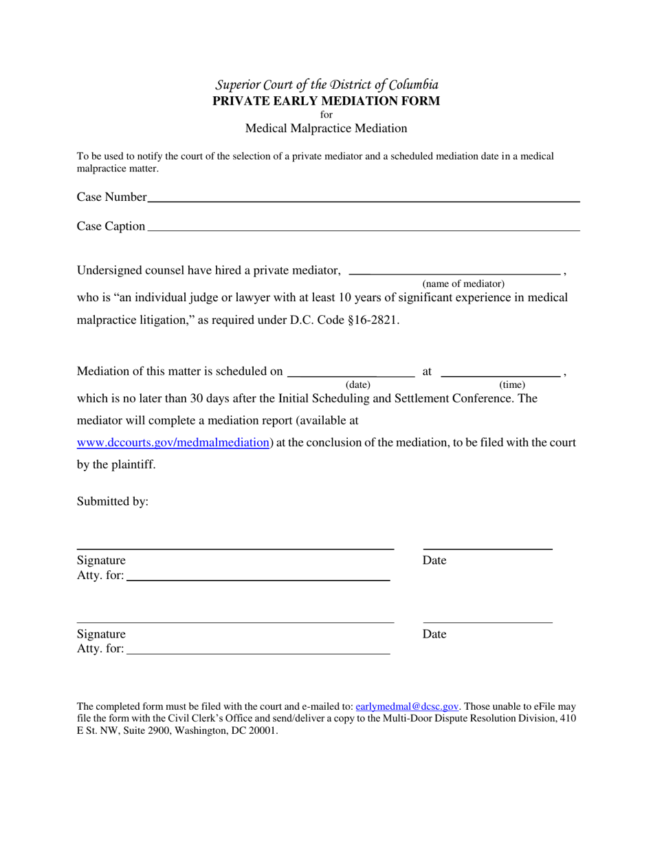 Washington, D.C. Private Early Mediation Form for Medical Malpractice ...
