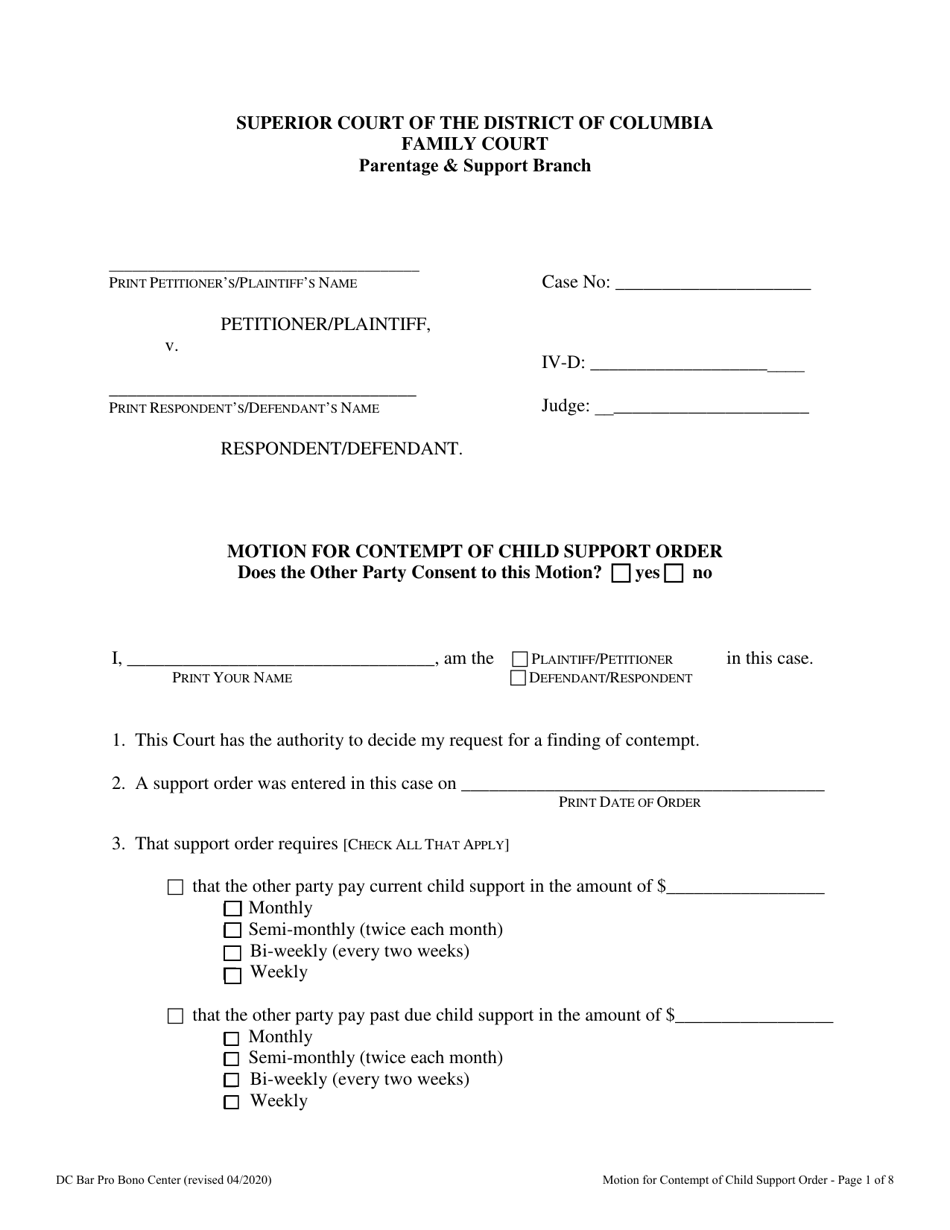 Washington, D.C. Motion for Contempt of Child Support Order - Fill Out ...