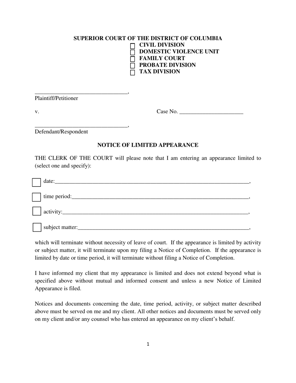 Washington, D.C. Notice of Limited Appearance - Fill Out, Sign Online ...