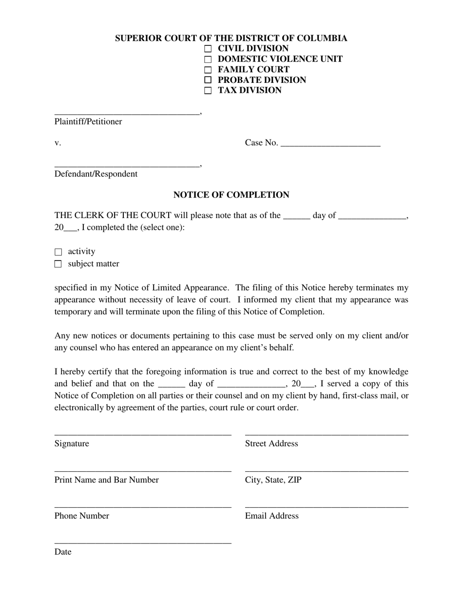 Washington, D.C. Notice of Limited Appearance Completion - Fill Out ...