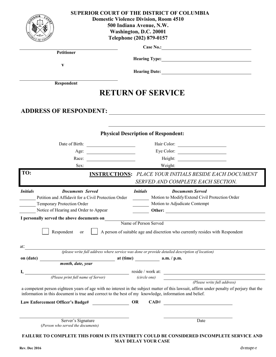 Washington, D.C. Return of Service on Respondent - Fill Out, Sign ...