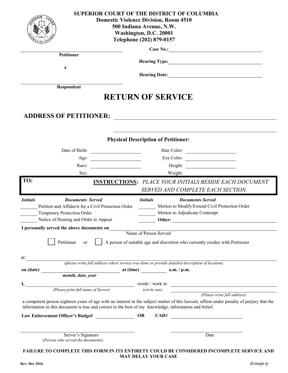 Washington, D.C. Return of Service on Petitioner - Fill Out, Sign ...