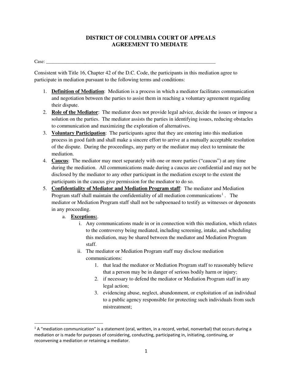 Washington, D.C. Agreement to Mediate - Fill Out, Sign Online and ...