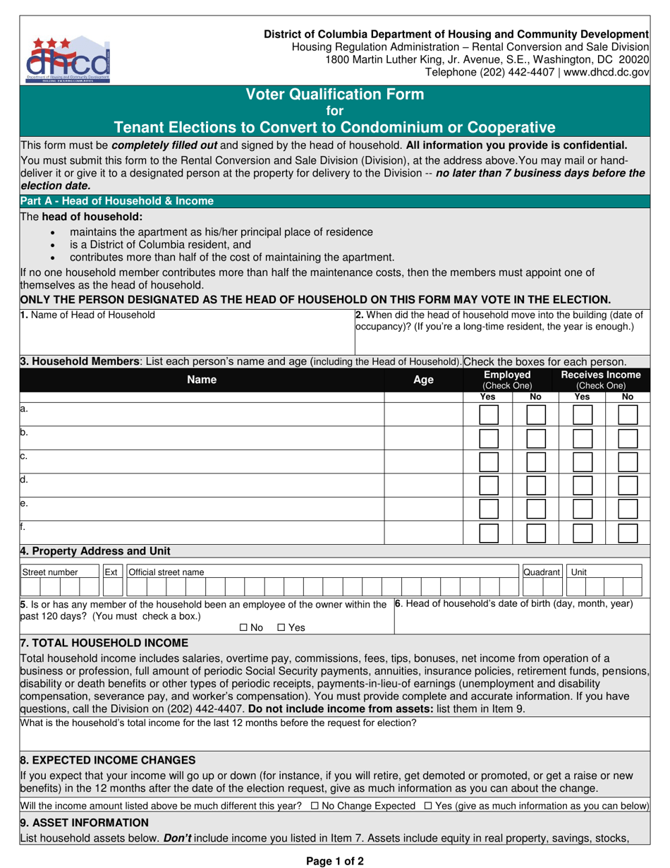 Washington, D.C. Voter Qualification Form for Tenant Elections to ...