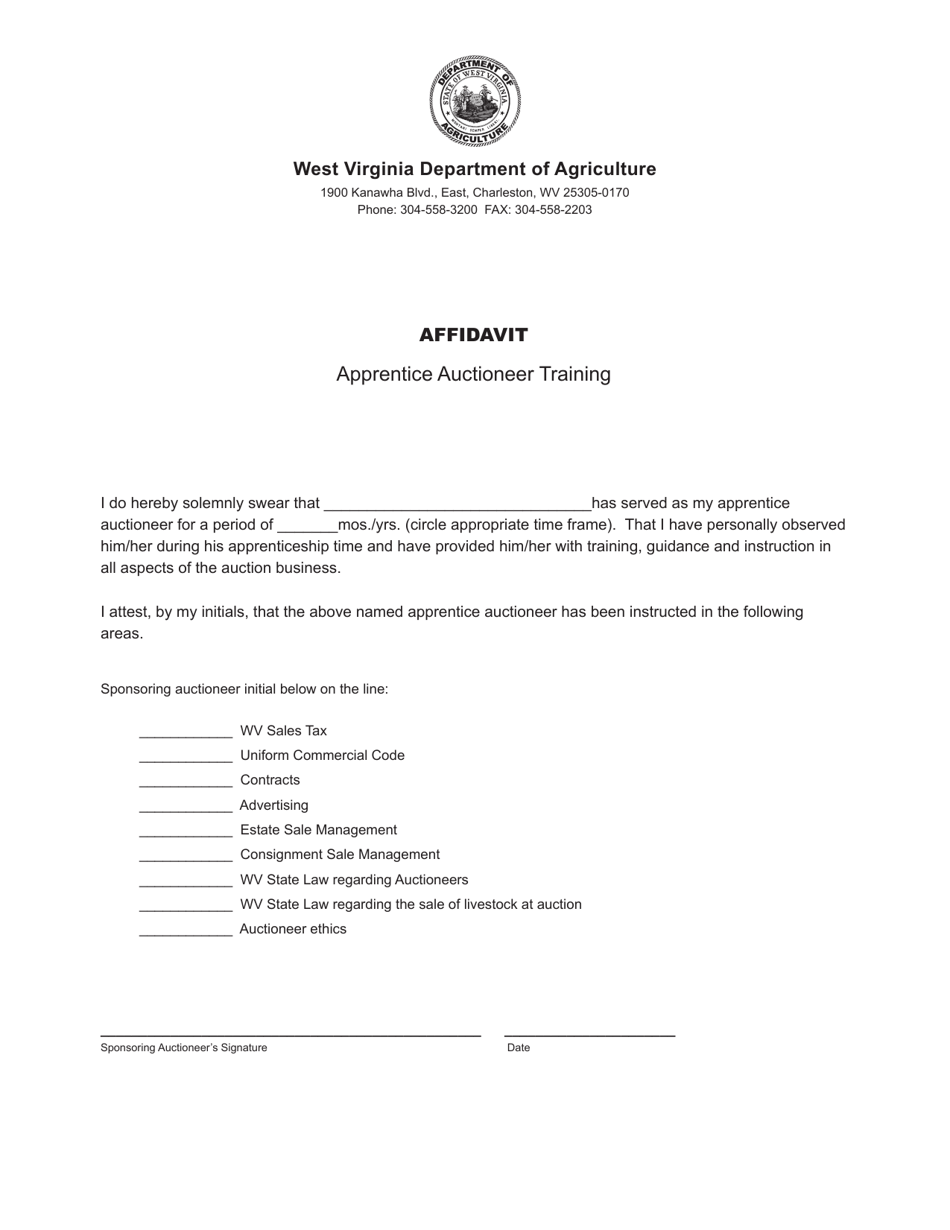 West Virginia Apprentice Auctioneer Training Affidavit - Fill Out, Sign Online and Download PDF ...