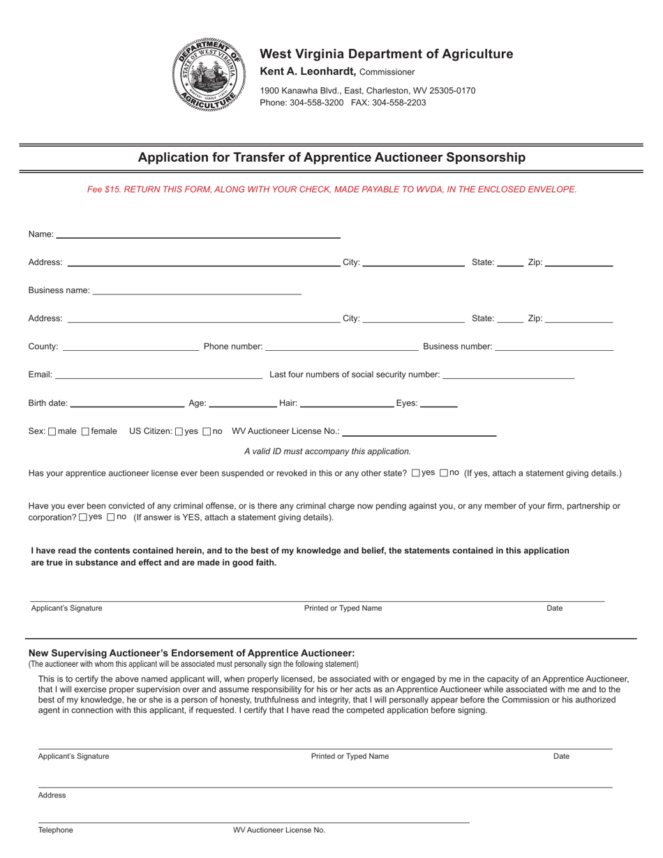 West Virginia Application for Transfer of Apprentice Auctioneer Sponsorship - Fill Out, Sign ...