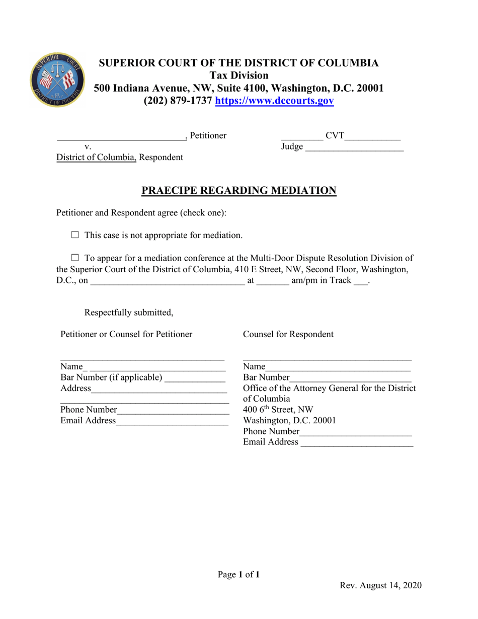 Washington, D.C. Praecipe Regarding Mediation - Fill Out, Sign Online ...