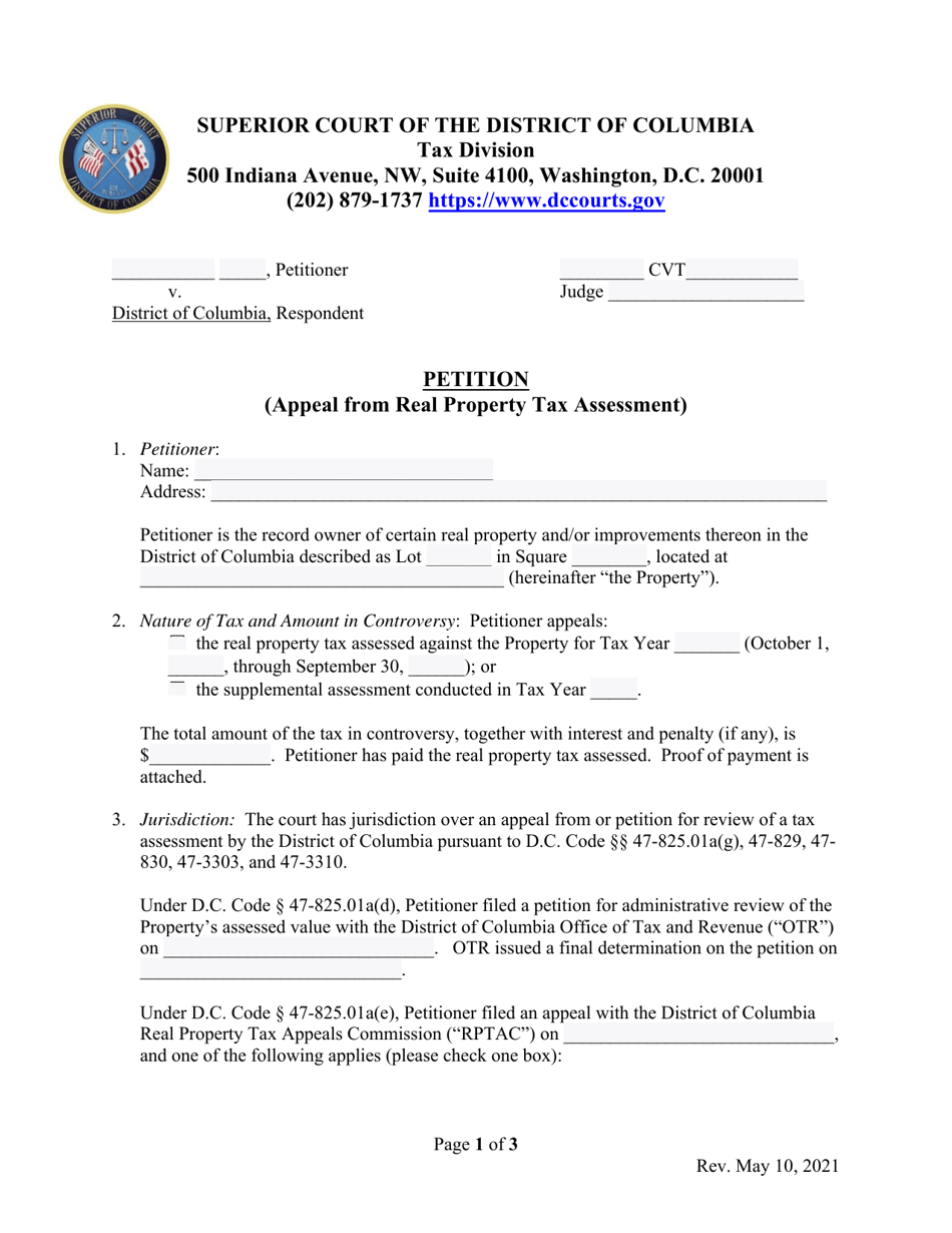 Washington, D.C. Petition (Appeal From Real Property Tax Assessment ...