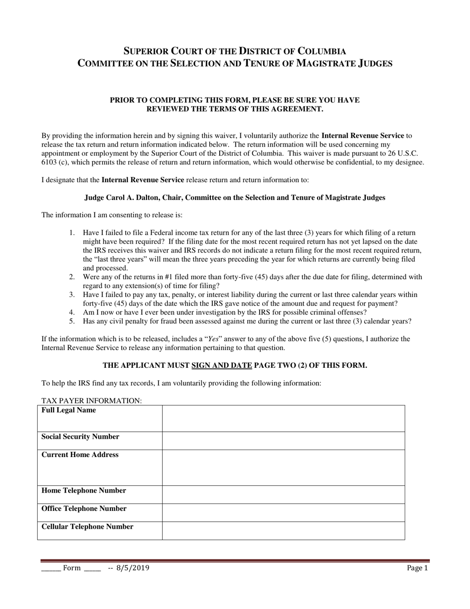 Washington, D.C. IRS Tax Waiver Form - Fill Out, Sign Online and ...