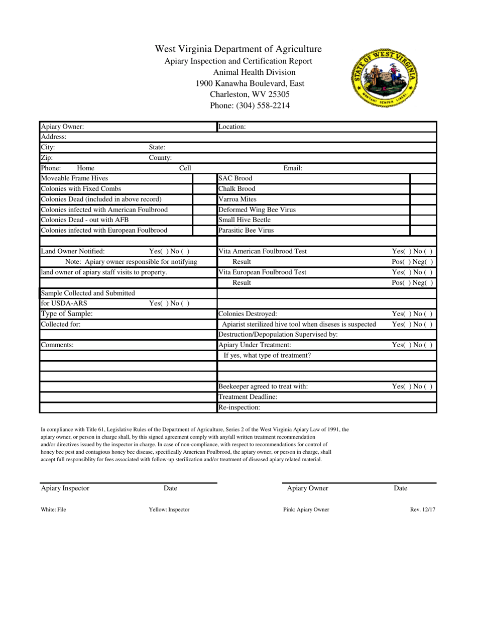 West Virginia Apiary Inspection and Certification Report - Fill Out ...
