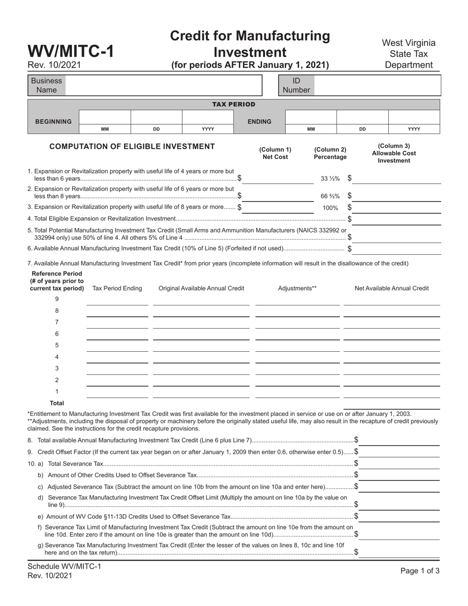 Schedule WV/MITC-1 Download Printable PDF or Fill Online Credit for Manufacturing Investment ...