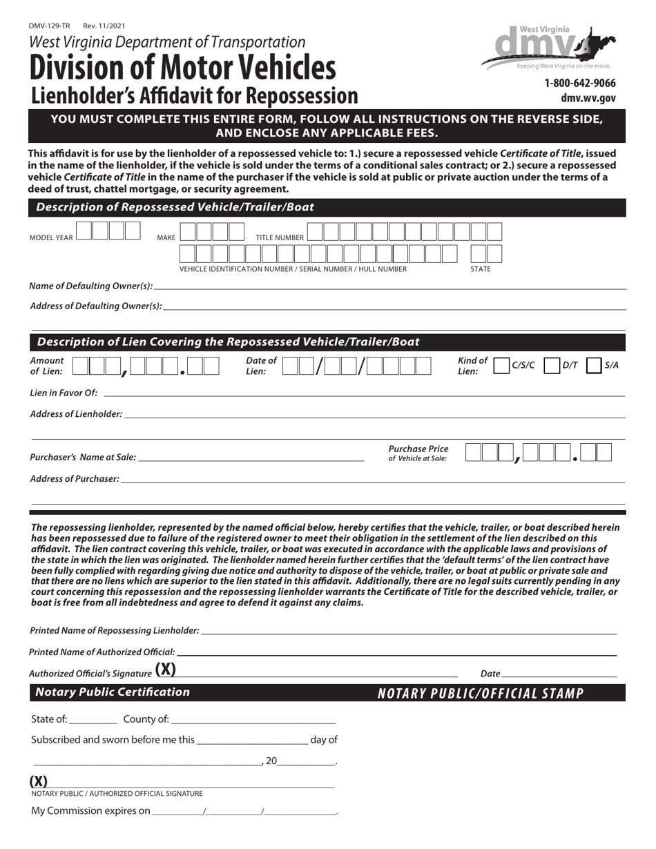 Form DMV-129-TR - Fill Out, Sign Online and Download Fillable PDF, West ...