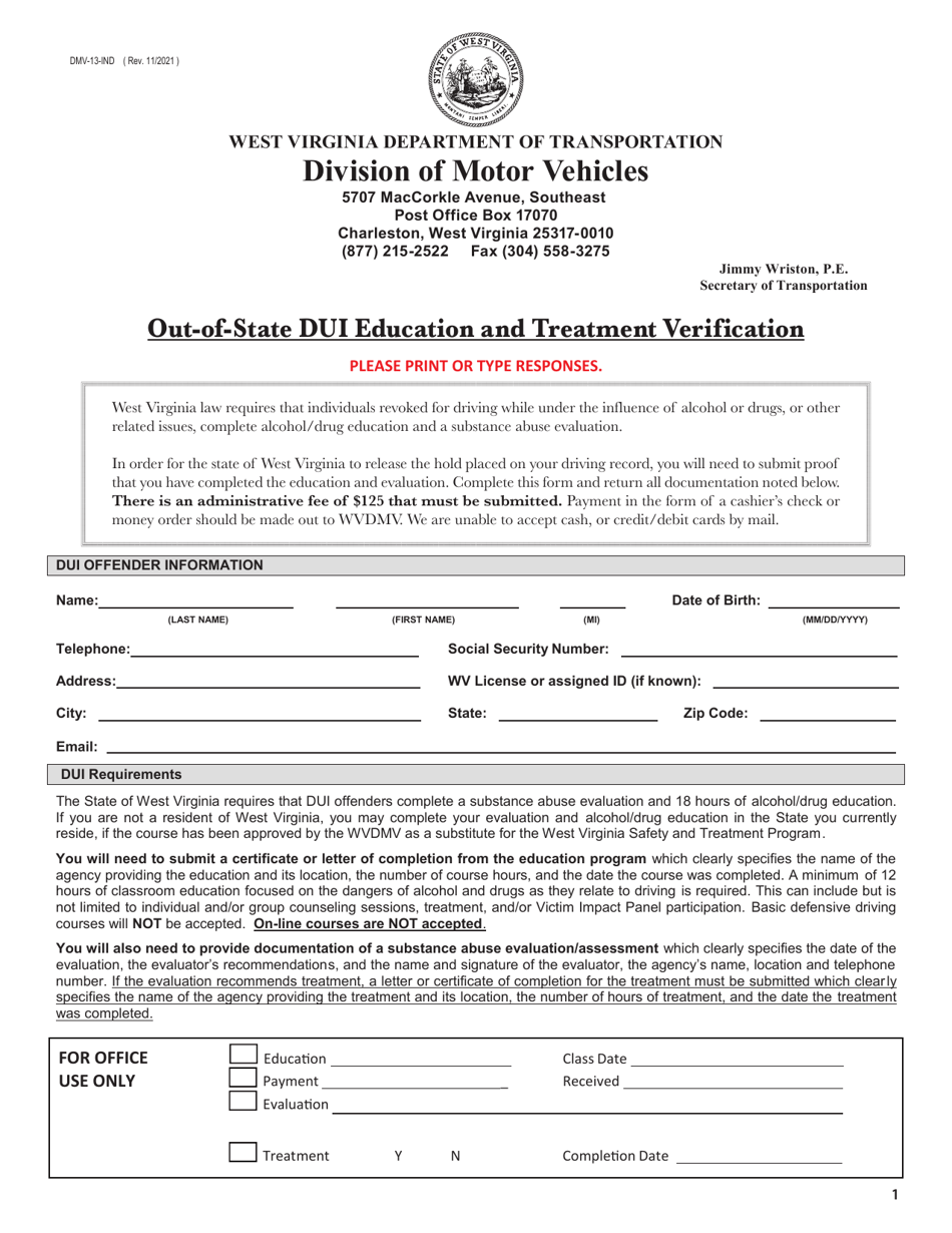 Form DMV-13-IND - Fill Out, Sign Online and Download Fillable PDF, West ...