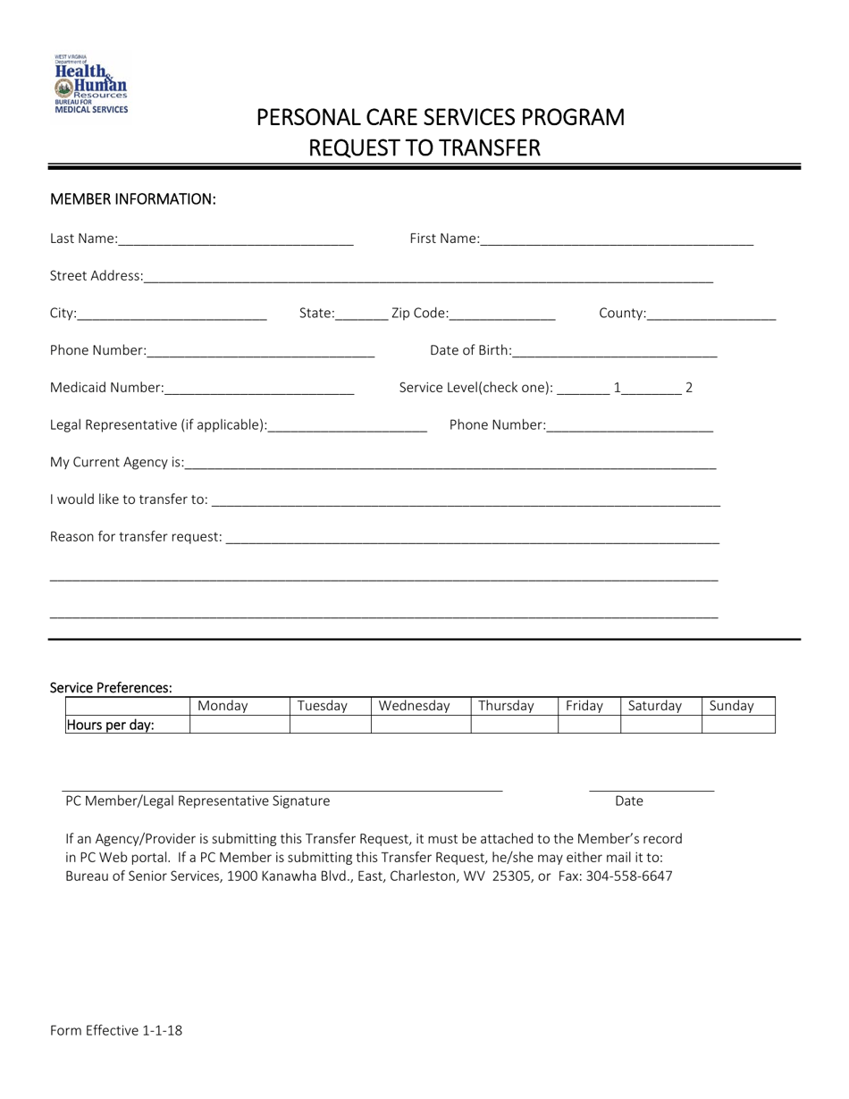 West Virginia Request to Transfer Form - Personal Care Services Program ...