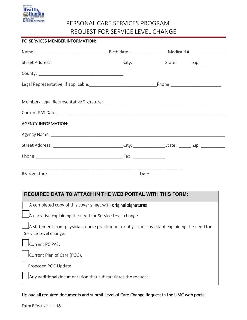 West Virginia Request for Service Level Change - Personal Care Services ...