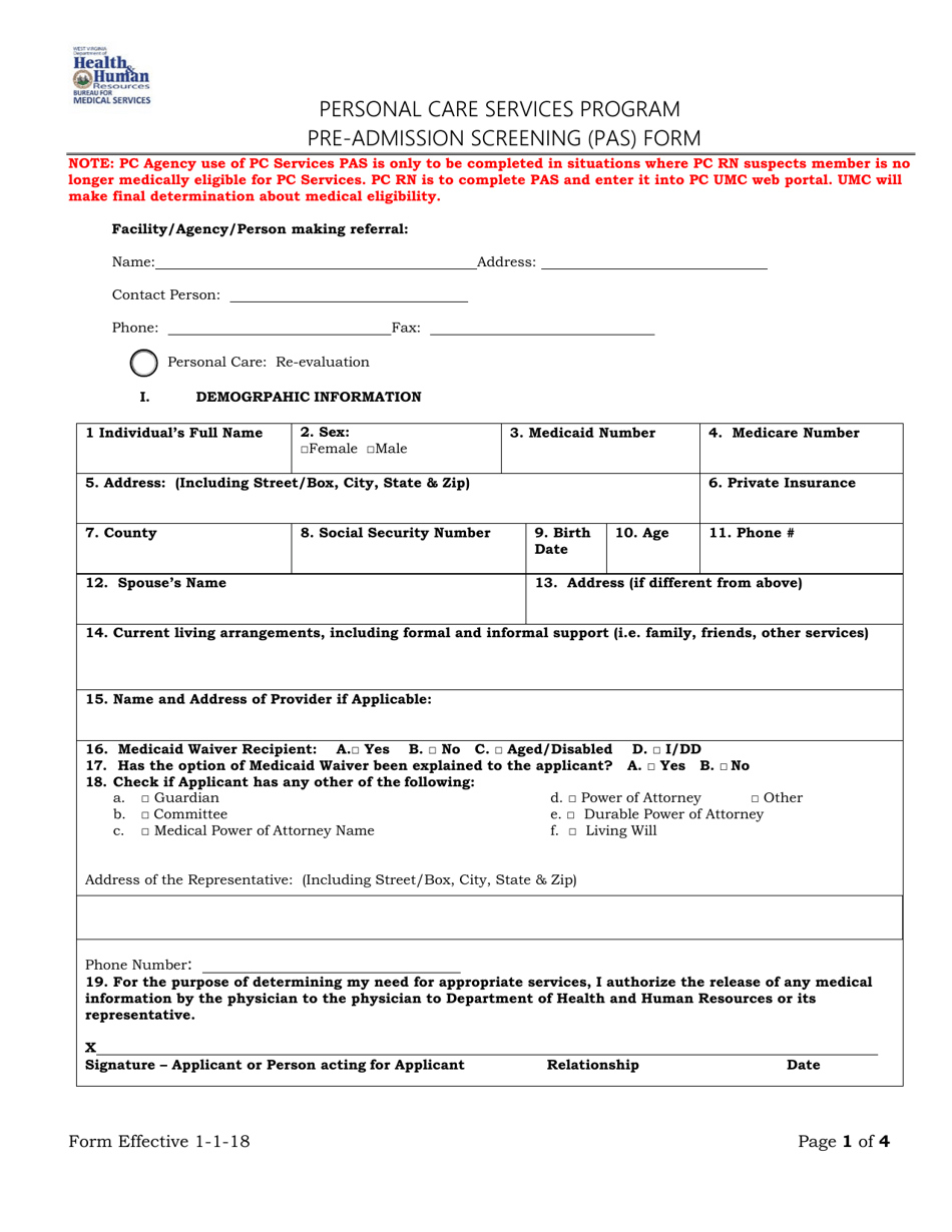 West Virginia Pre-admission Screening (Pas) Form - Personal Care ...