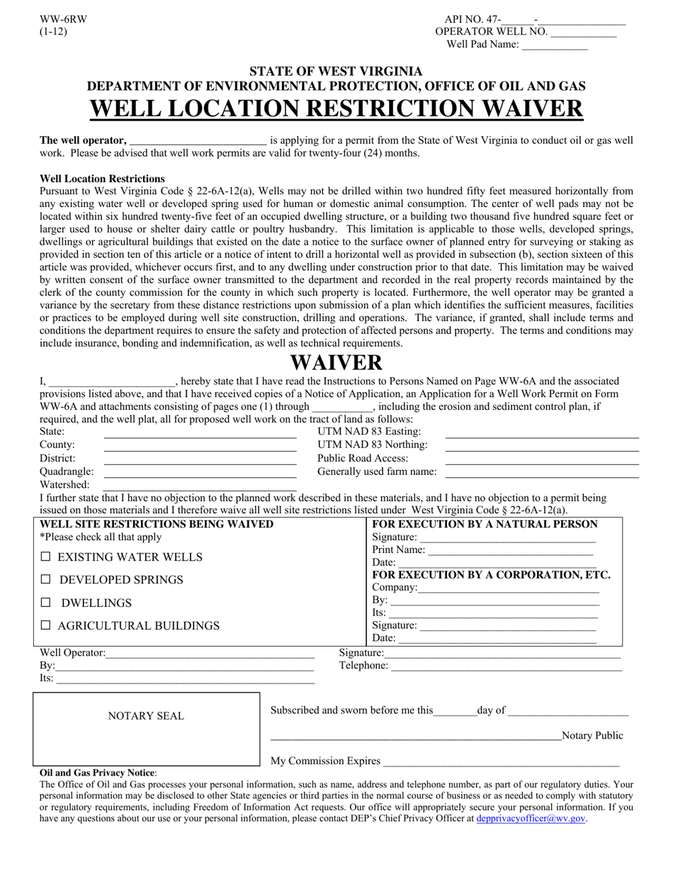 Form WW-6RW - Fill Out, Sign Online and Download Fillable PDF, West ...
