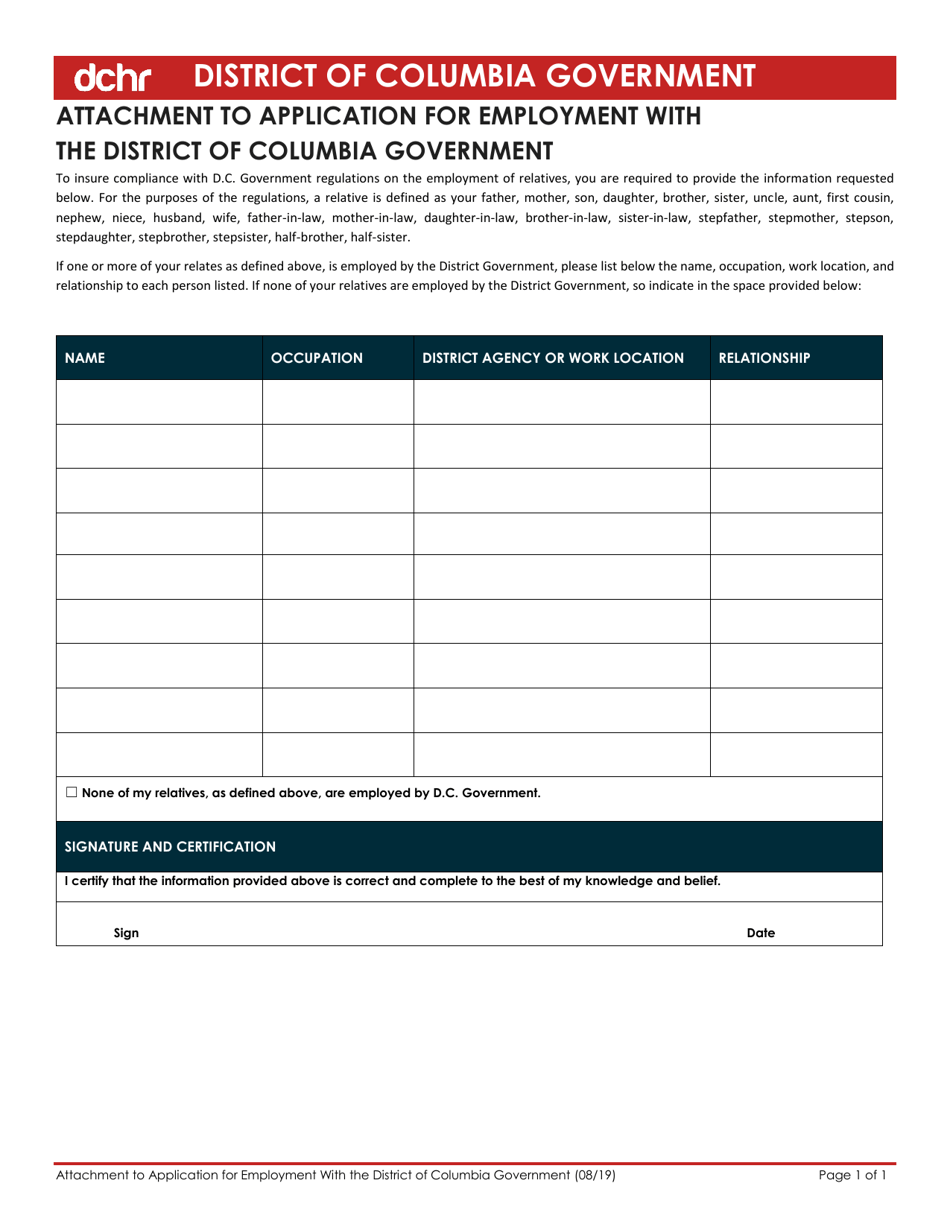 Washington, D.C. Attachment to Application for Employment With the ...