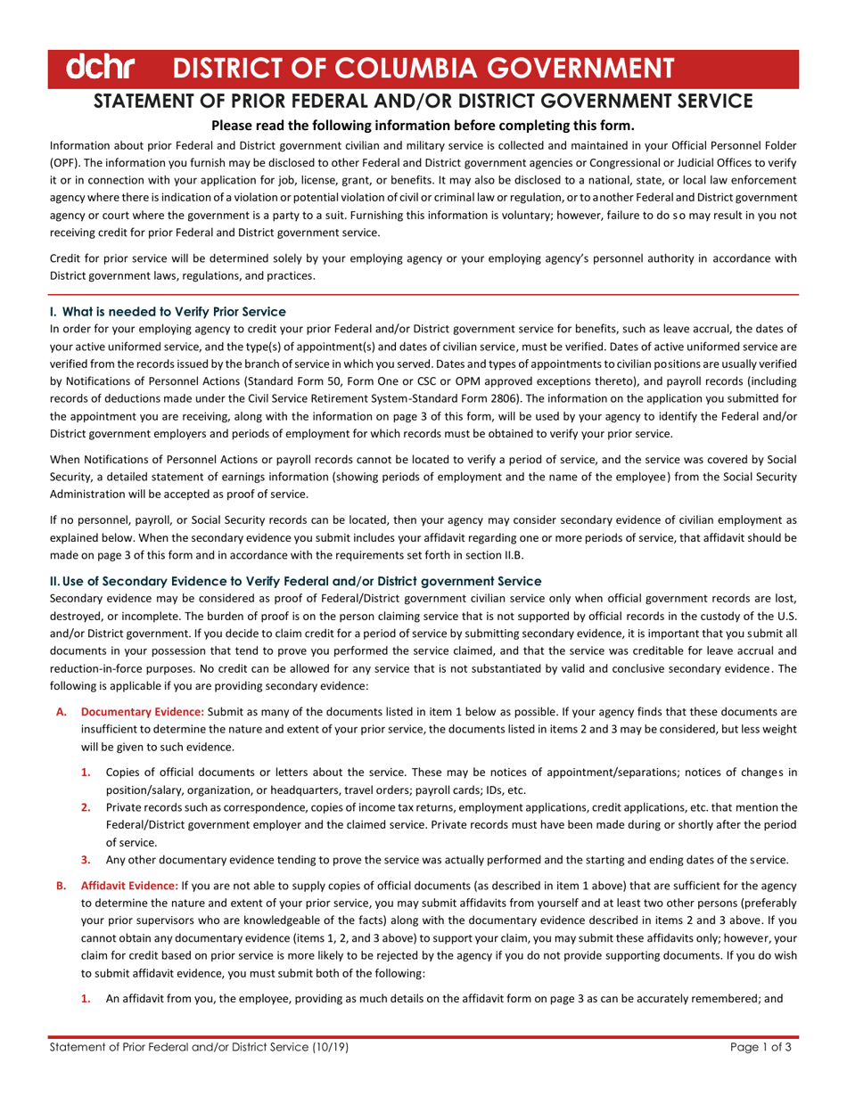 Washington, D.C. Statement of Prior Federal and/or District Government ...