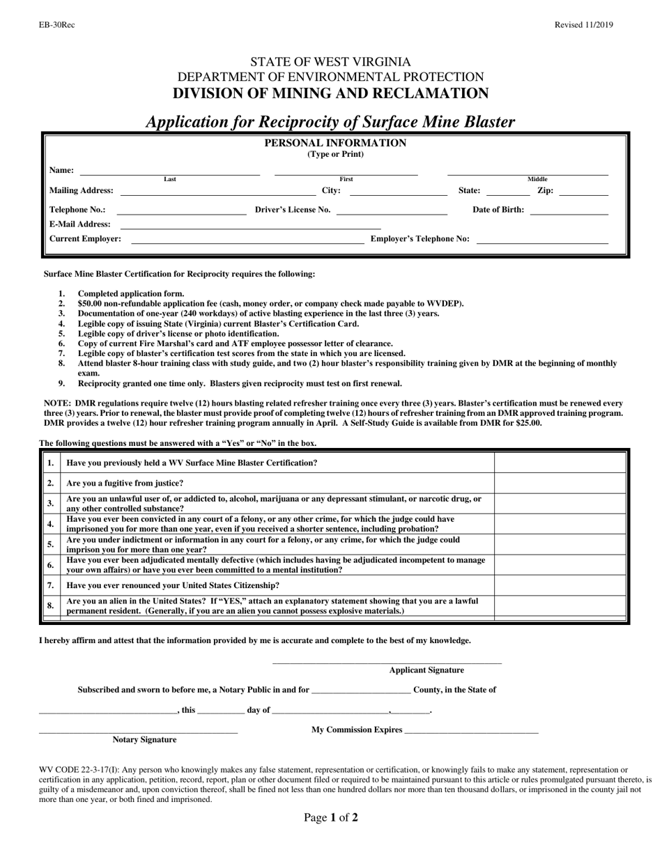 Form EB-30REC - Fill Out, Sign Online and Download Printable PDF, West ...