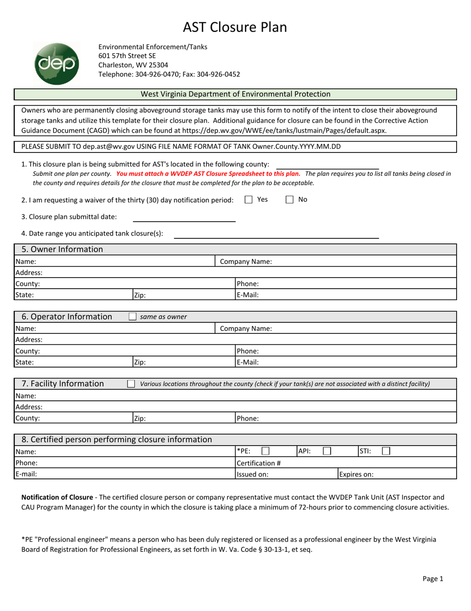 West Virginia Ast Closure Plan - Fill Out, Sign Online and Download PDF ...