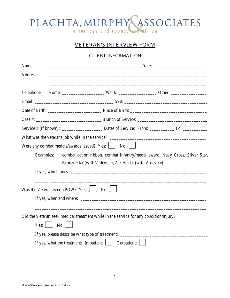 Veteran's Interview Form - Plachta, Murphy & Associates - Fill Out ...