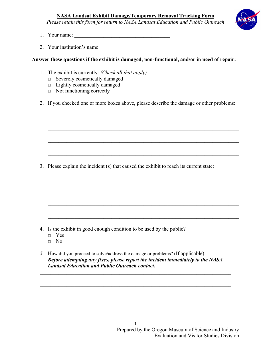 Landsat Exhibit Damage/Temporary Removal Tracking Form - Fill Out, Sign ...