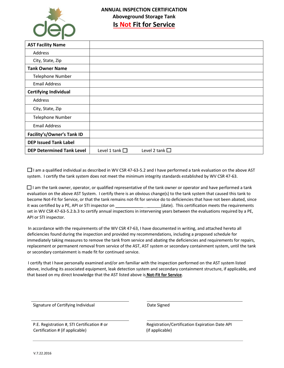West Virginia Ast Annual Inspection Certification Not Fit For Service west-virginia-ast-annual-inspection-certification-not-fit-for-service