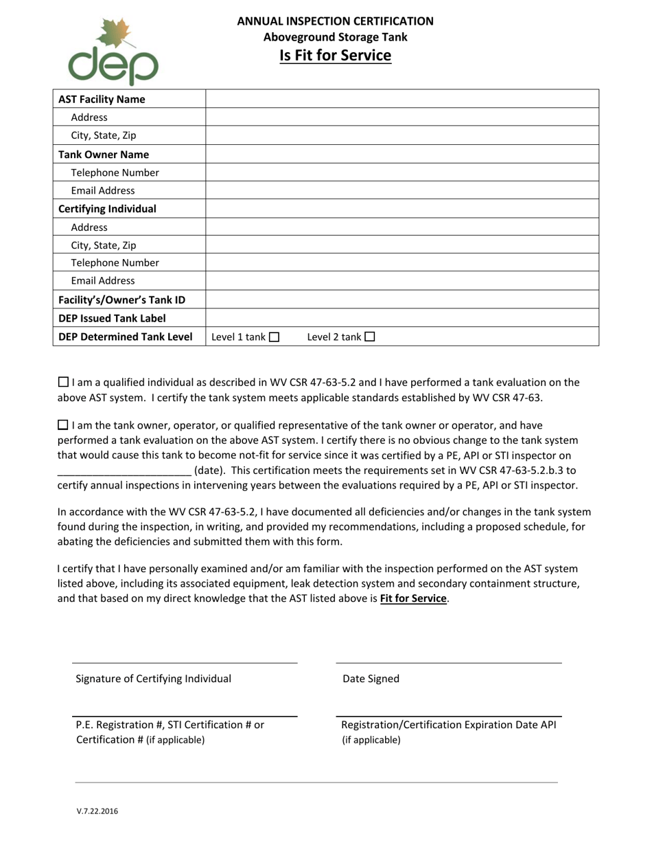 West Virginia Ast Annual Inspection Certification - Fit for Service ...