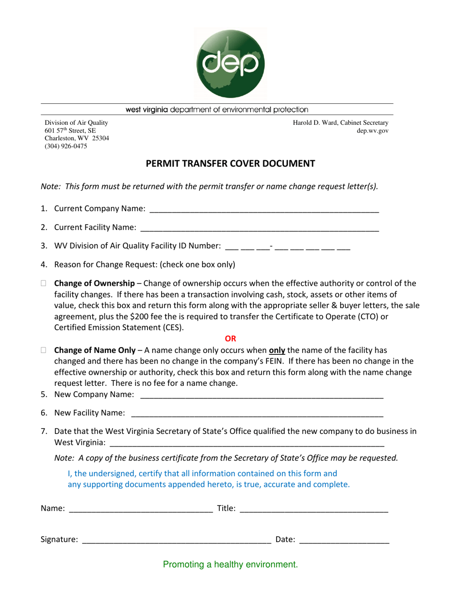 West Virginia Permit Transfer Cover Document - Fill Out, Sign Online ...