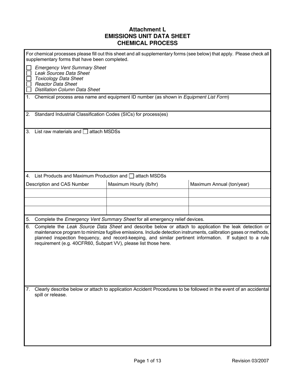 West Virginia Emissions Unit Data Sheet Chemical Process - Fill Out ...