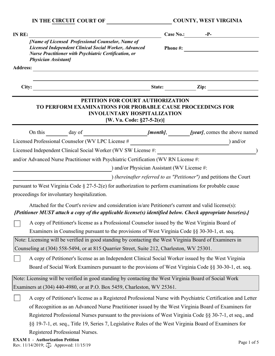 Form EXAM1 - Fill Out, Sign Online and Download Fillable PDF, West Virginia | Templateroller