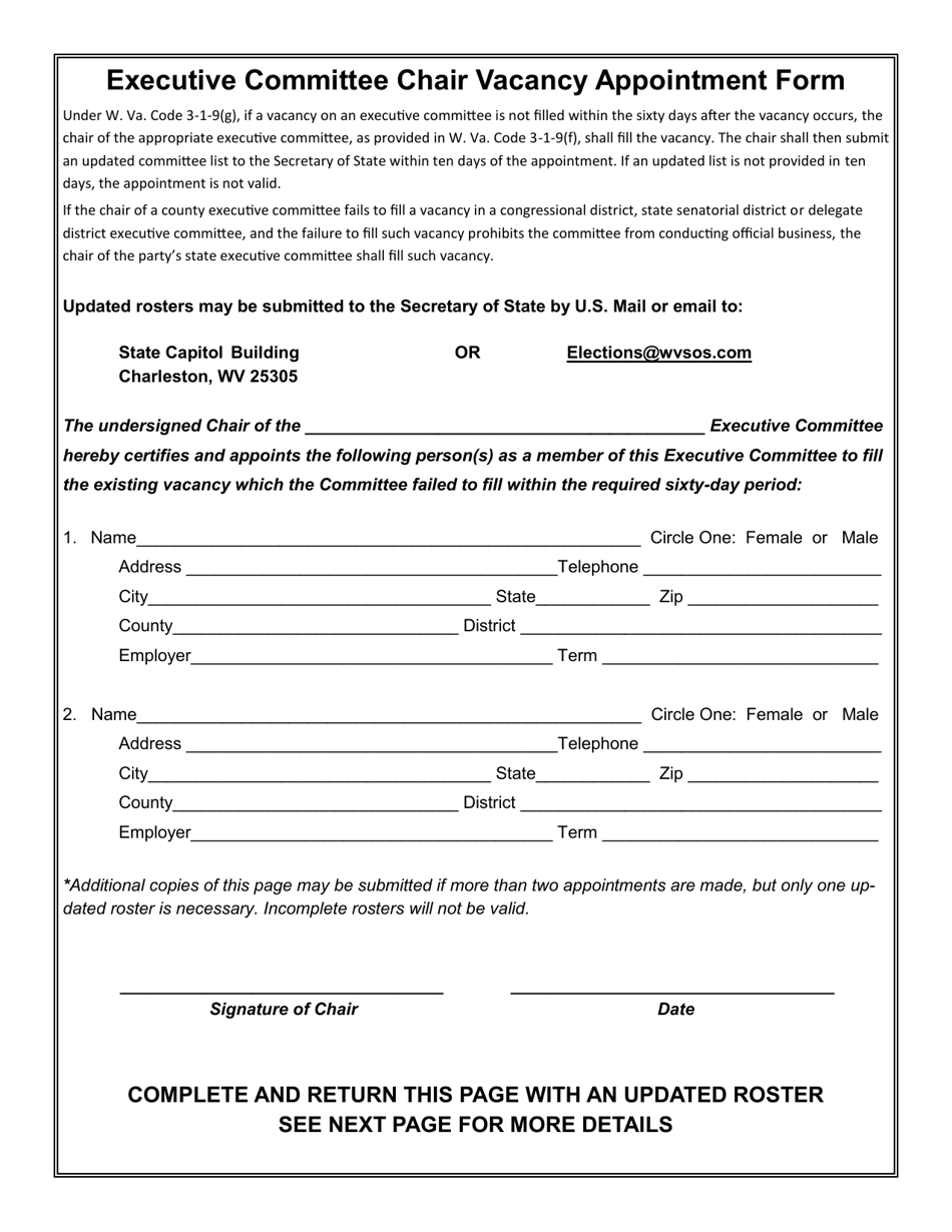 West Virginia Executive Committee Chair Vacancy Appointment Form - Fill ...