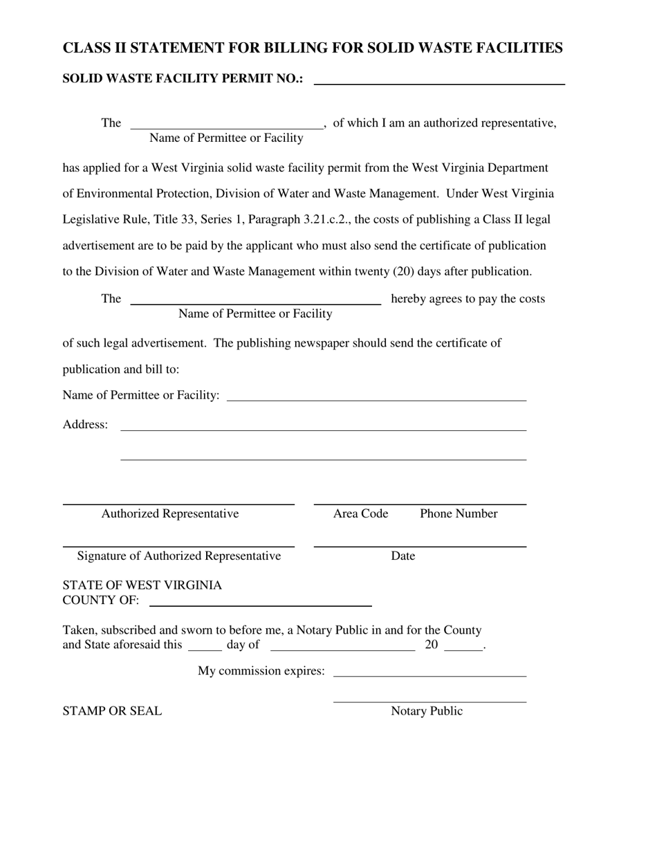 West Virginia Class II Statement for Billing for Solid Waste Facilities ...