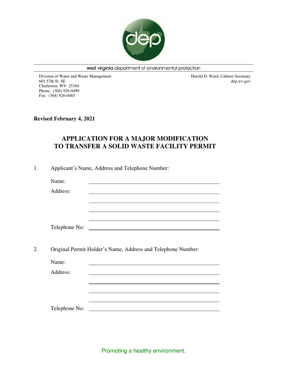 West Virginia Application for a Major Modification to Transfer a Solid ...