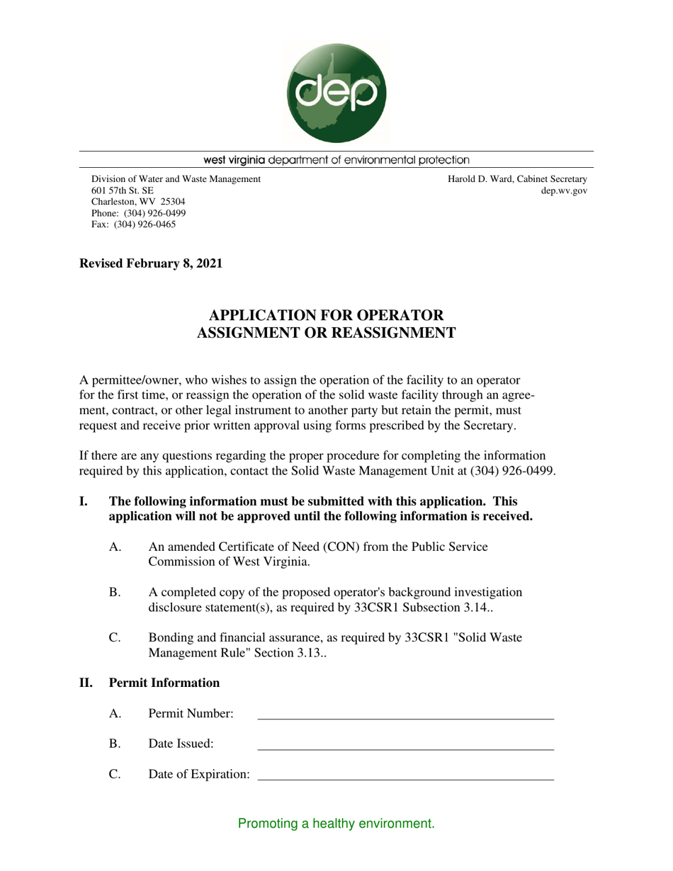 West Virginia Application for Operator Assignment or Reassignment ...