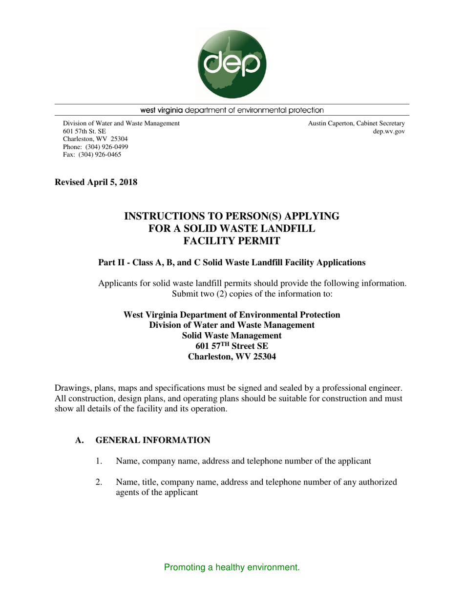 West Virginia Instructions to Person(s) Applying for a Solid Waste ...