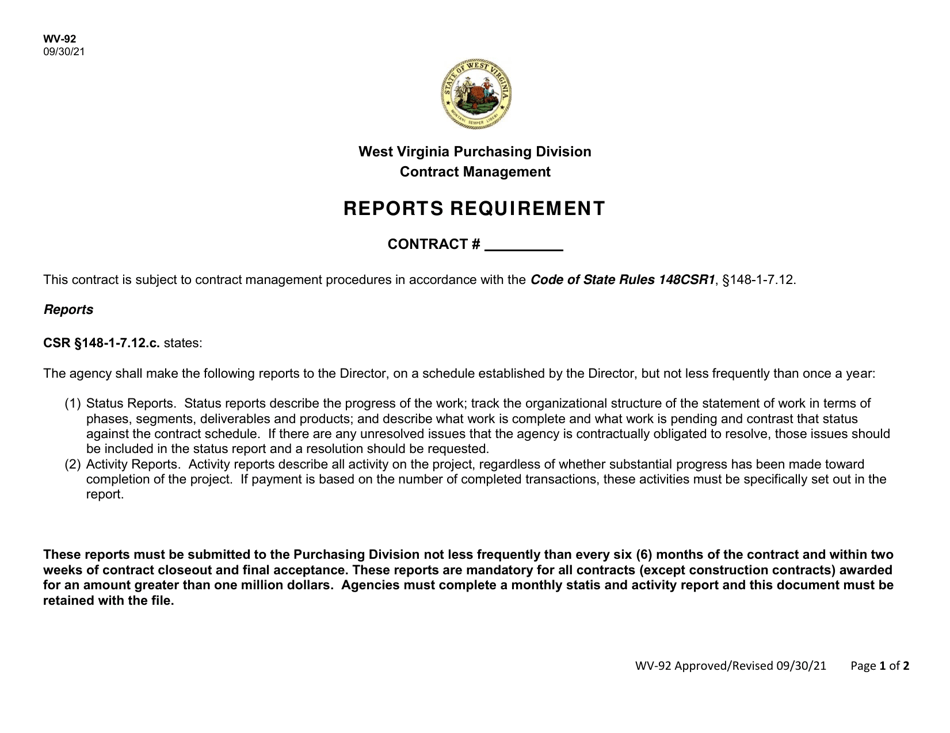 Form WV-92 - Fill Out, Sign Online and Download Fillable PDF, West ...