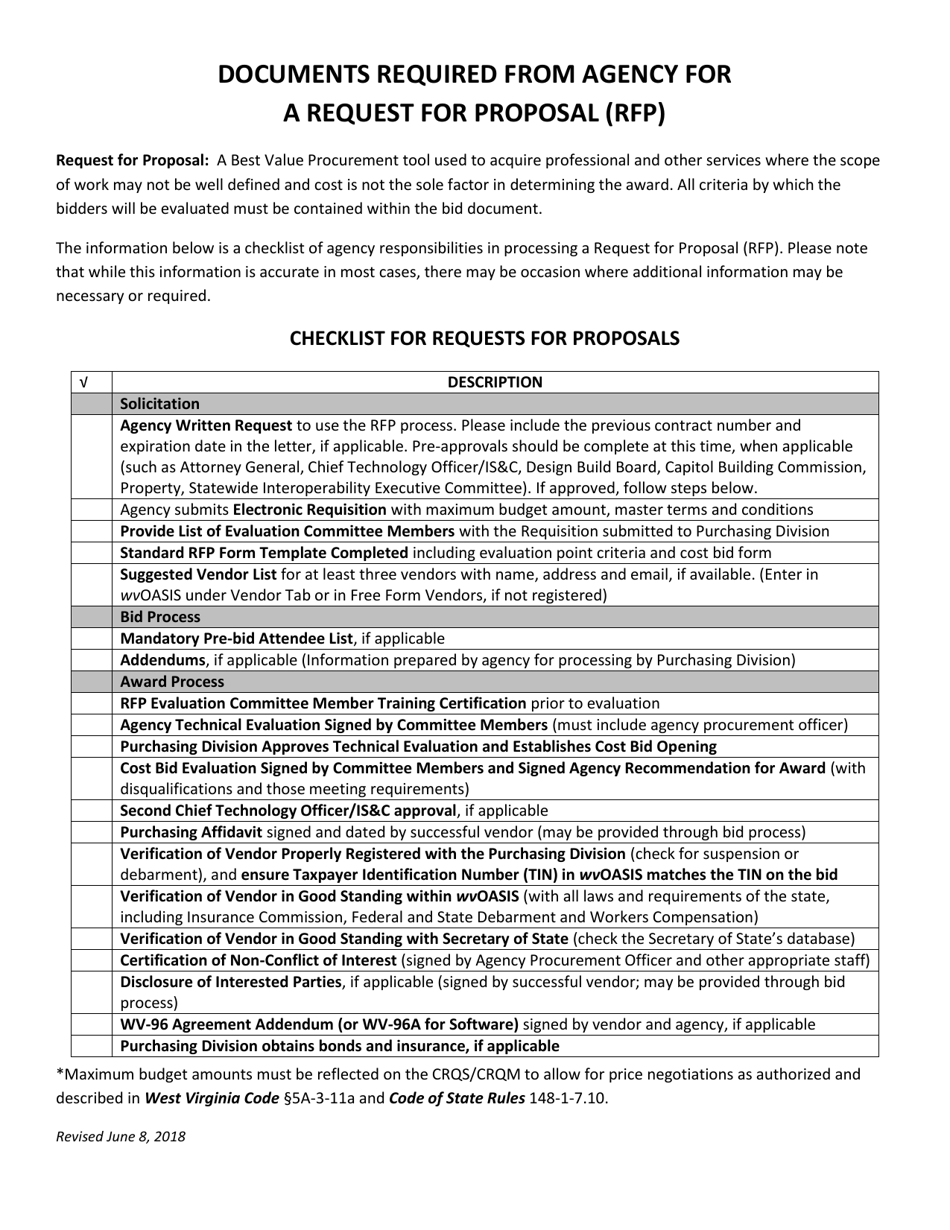 West Virginia Checklist for Requests for Proposals - Fill Out, Sign ...