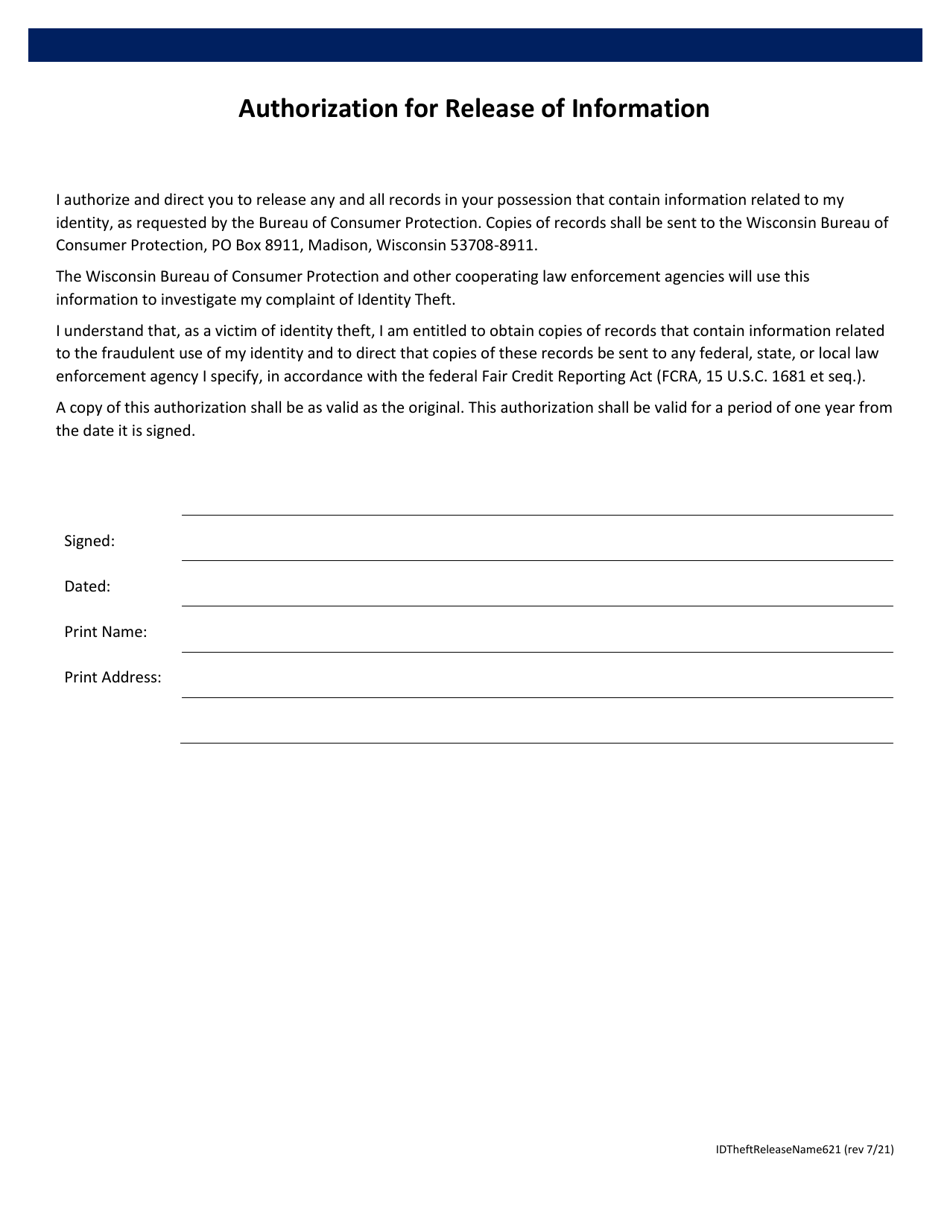 Wisconsin Authorization for Release of Information Download Printable ...