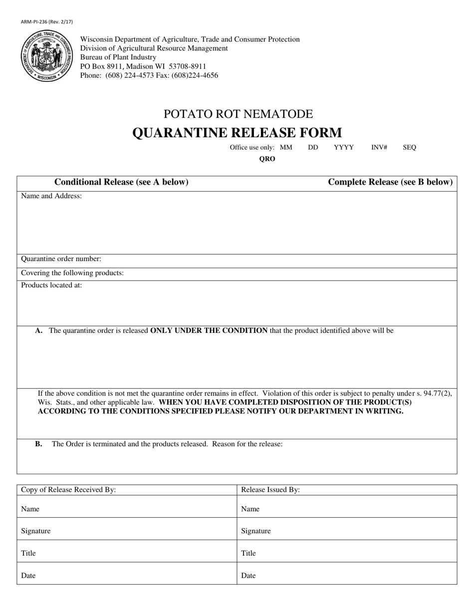 Form ARM-PI-236 - Fill Out, Sign Online and Download Printable PDF, Wisconsin | Templateroller