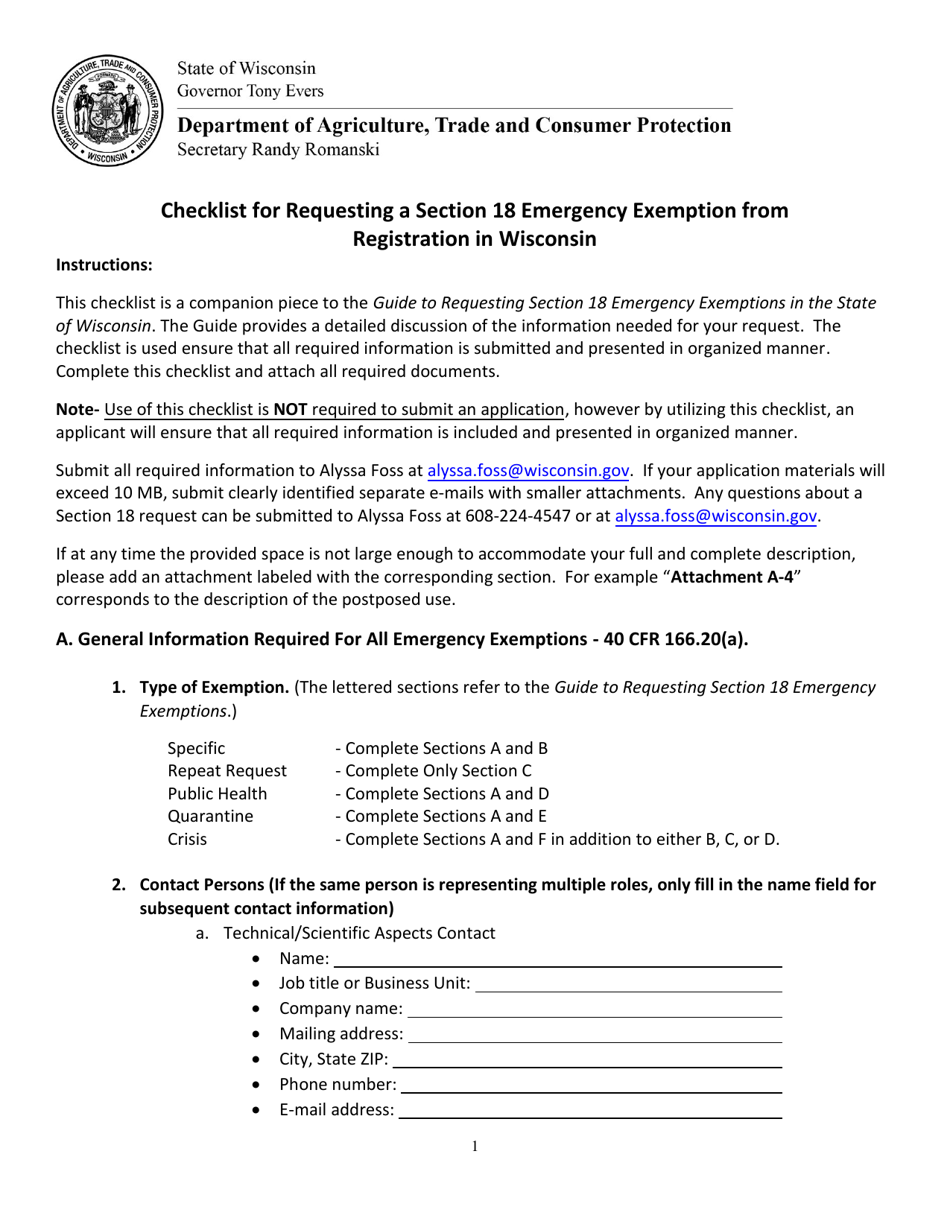 Wisconsin Checklist for Requesting a Section 18 Emergency Exemption ...