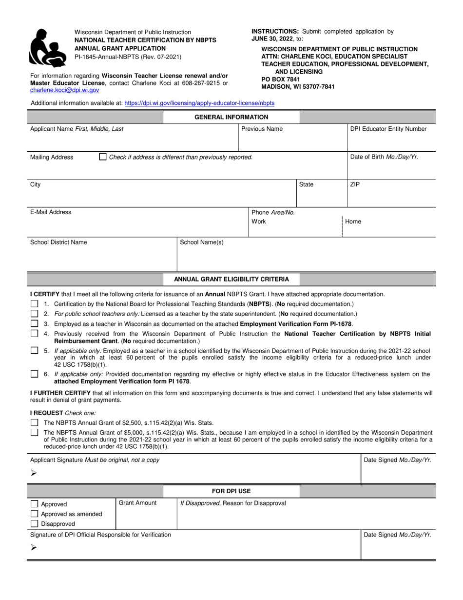 Form PI-1645-ANNUAL-NBPTS - Fill Out, Sign Online and Download Fillable ...
