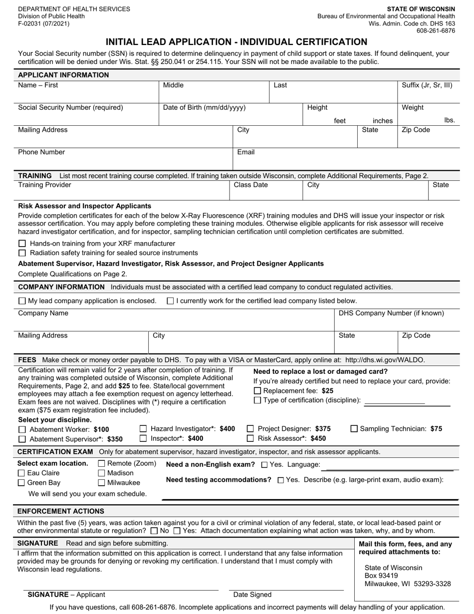 Form F-02031 - Fill Out, Sign Online and Download Fillable PDF, Wisconsin | Templateroller