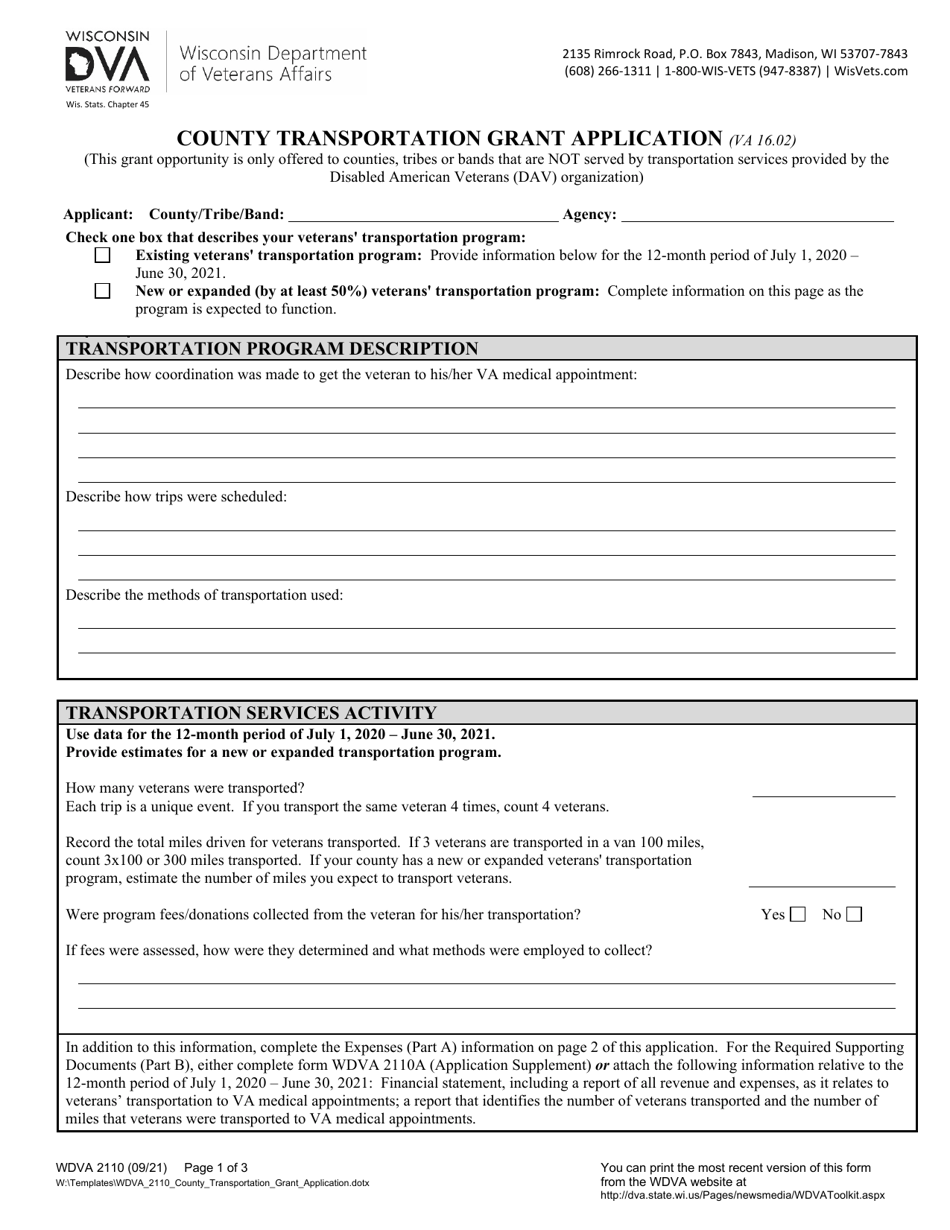 Form WDVA2110 - Fill Out, Sign Online and Download Fillable PDF ...