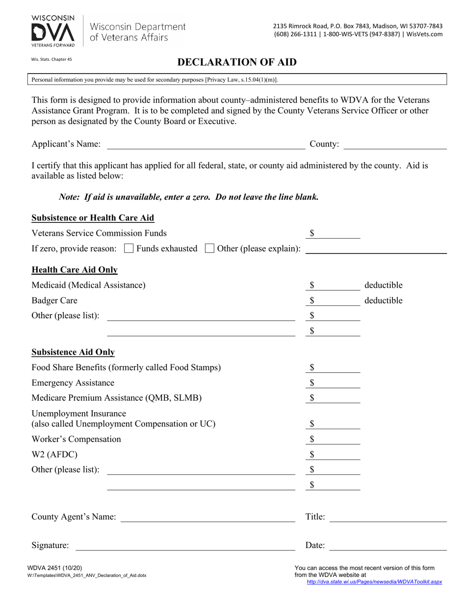 Form WDVA2451 - Fill Out, Sign Online and Download Fillable PDF ...