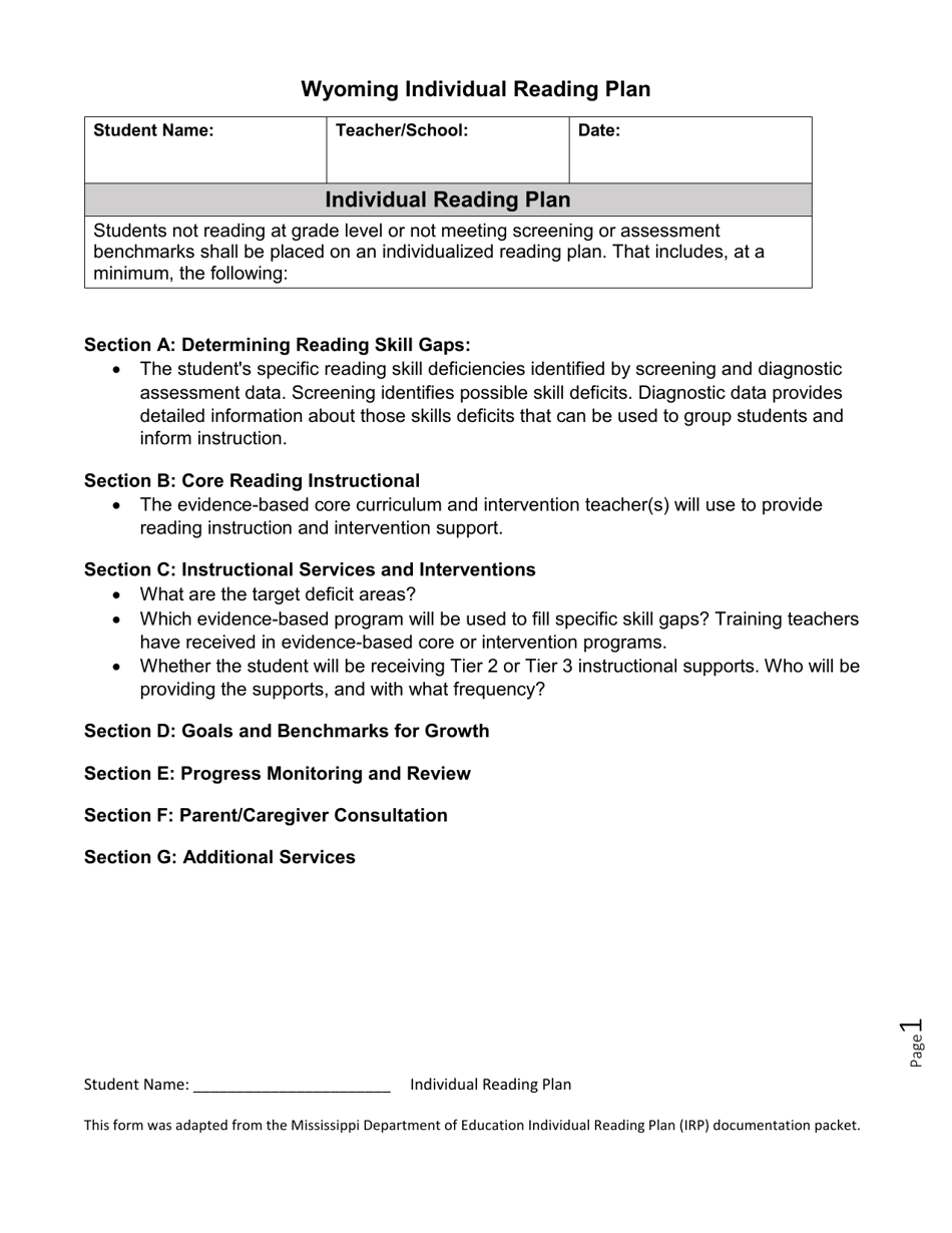 Wyoming Wyoming Individual Reading Plan - Fill Out, Sign Online and ...
