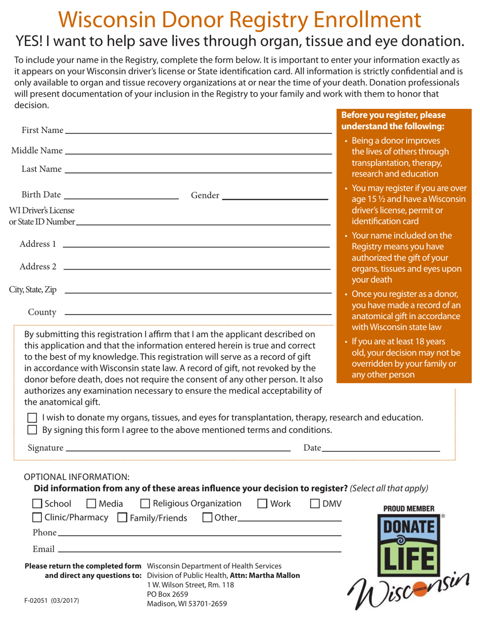 Form F-02051 Download Printable PDF or Fill Online Wisconsin Donor ...
