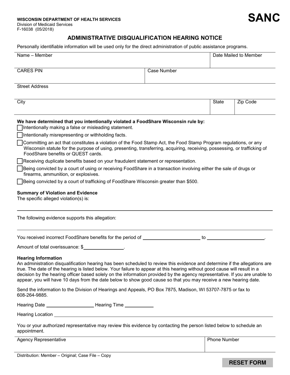 Form F-16038 - Fill Out, Sign Online and Download Fillable PDF ...