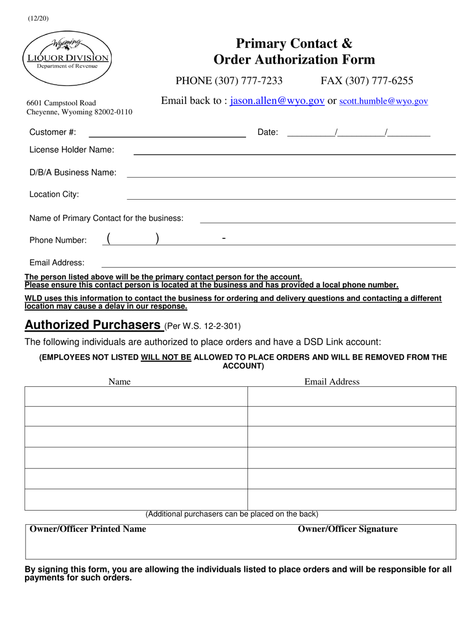 Wyoming Primary Contact & Order Authorization Form - Fill Out, Sign ...